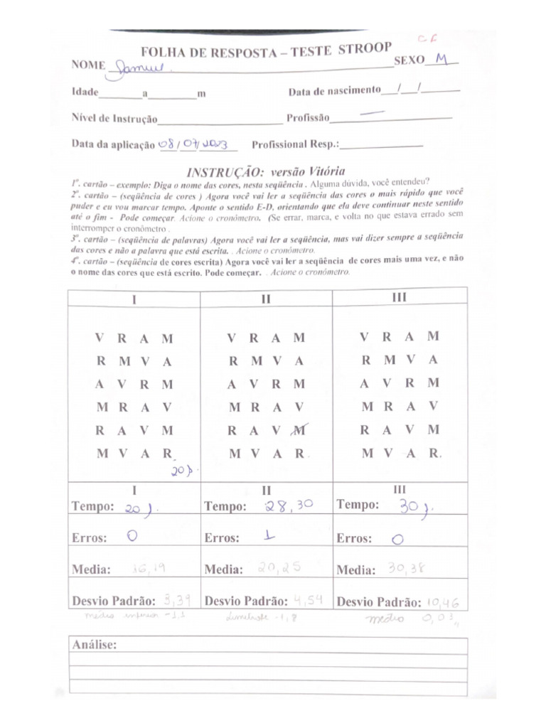 Folha de Resposta - Teste Stroop | PDF