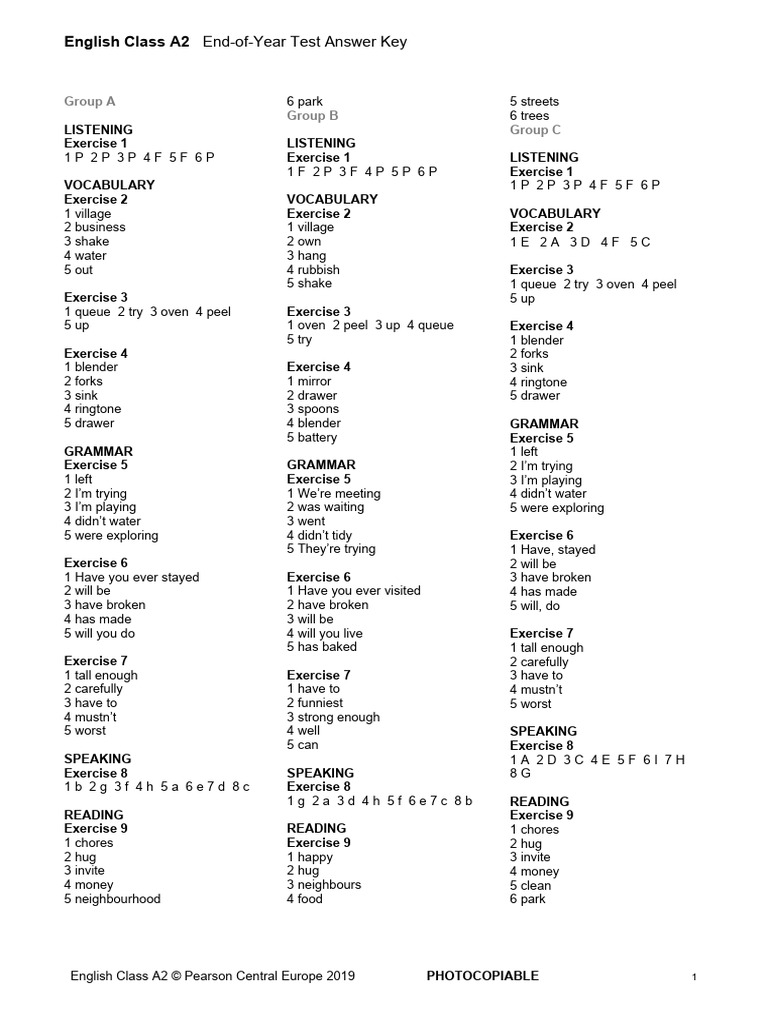 A2 English Test Answer Key | PDF