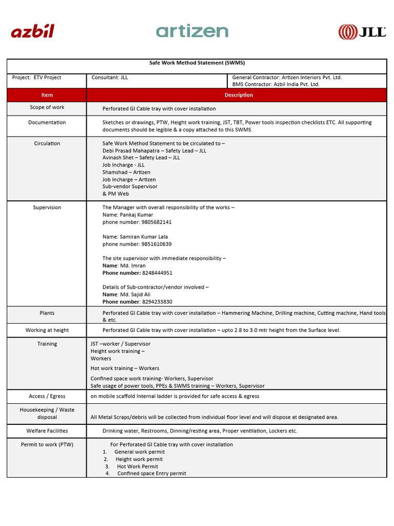 ETV-IBMS-SWMS For Perforated GI Cable Tray With Cover Installation | PDF | Scaffolding | Risk