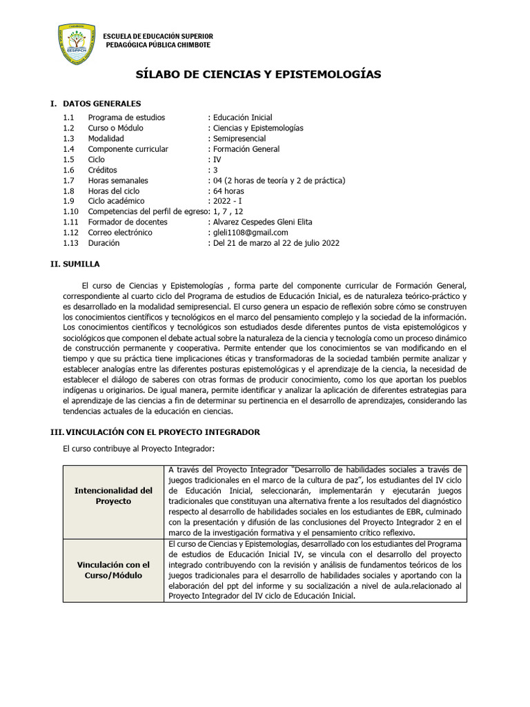 Sílabo de Ciencias y Epistemologías | PDF | Evaluación | Conocimiento