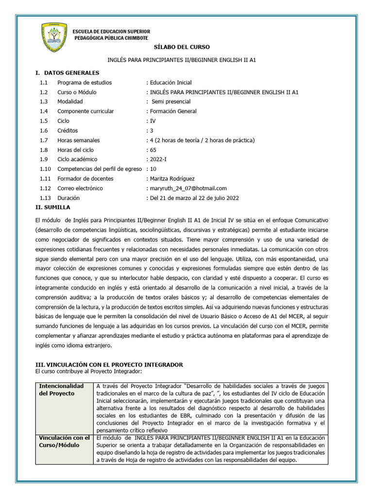 Silabo - Ingles | PDF | Aprendizaje | Educación de la primera infancia