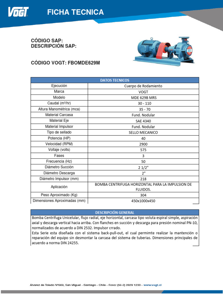 Ficha Técnica Bomba Vogt Modelo MDE 629 B | PDF | Ingeniería mecánica | Tecnologías de gas