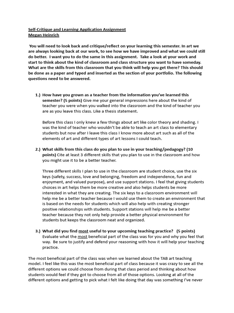 Self-Critique and Learning Application Assignment | PDF | Teachers ...