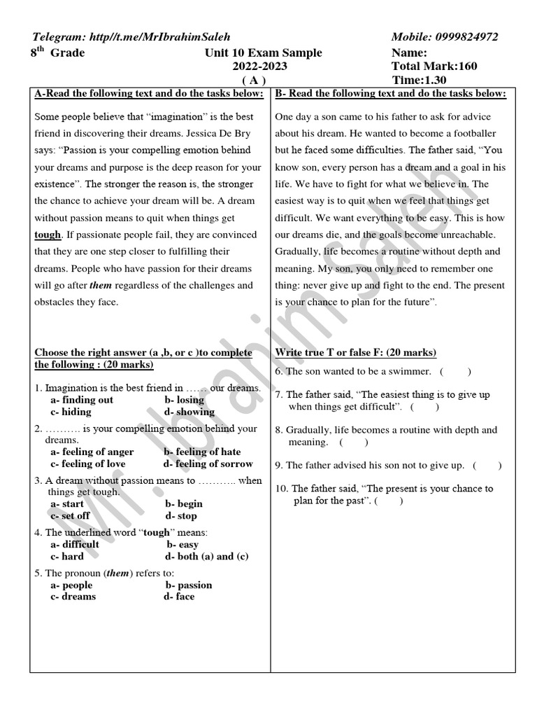8th Grade - Unit 10 Exam Sample | Download Free PDF | Psychology