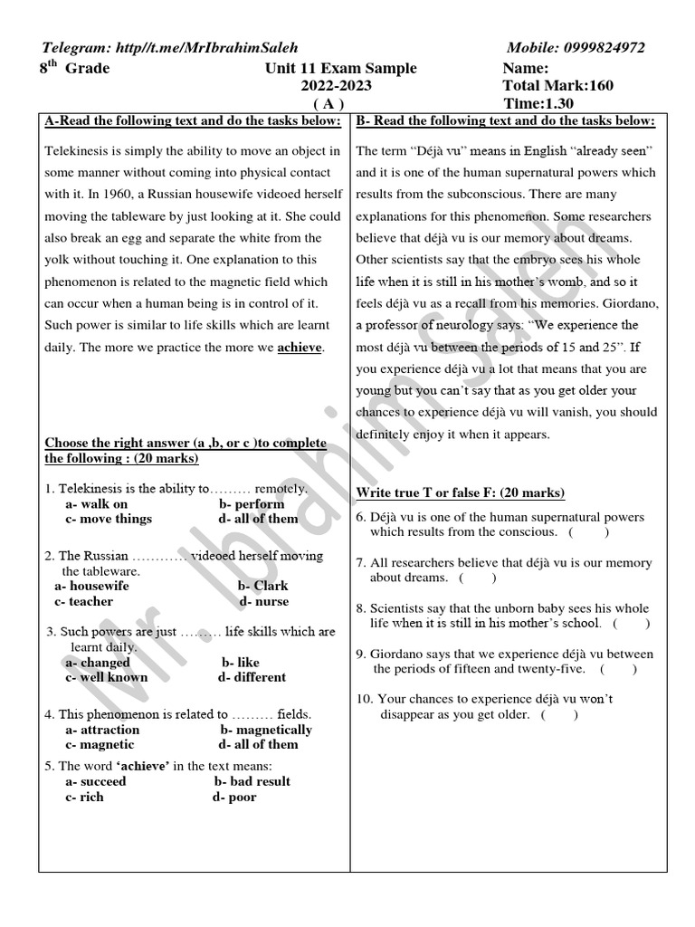 8th Grade - Unit 11exam Sample | PDF | Cognition | Cognitive Science