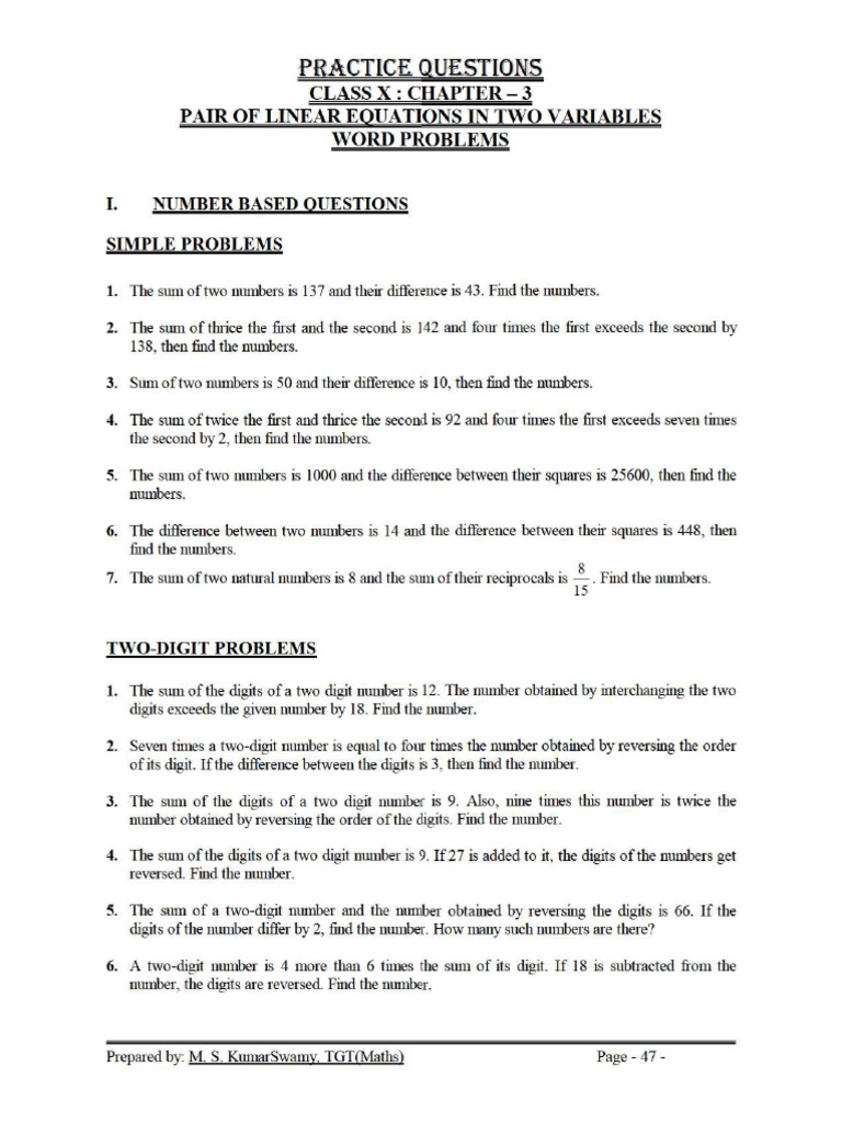 Word Problems Linear Equation in 2 Variables | PDF