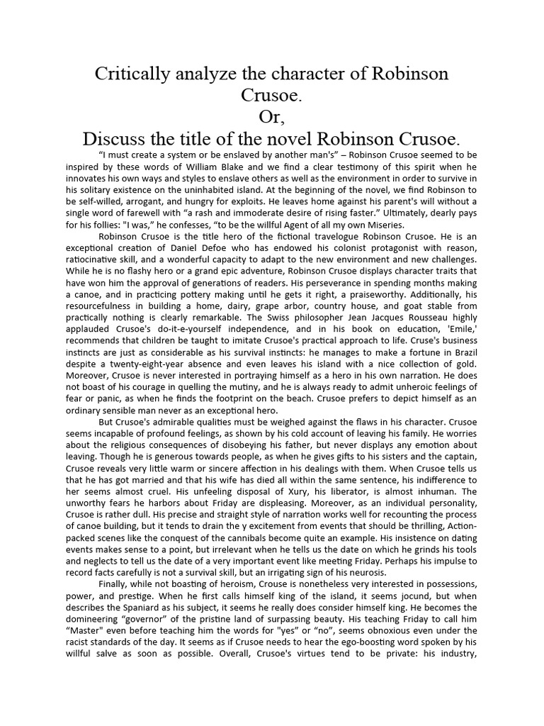 Character Analysis of Robinson Crusoe | PDF | Robinson Crusoe