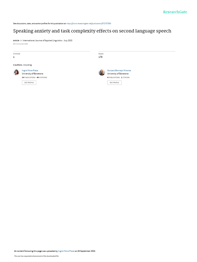 Speaking Anxiety and Task Complexity Effects On Second Language Speech | PDF | Fluency | Second ...