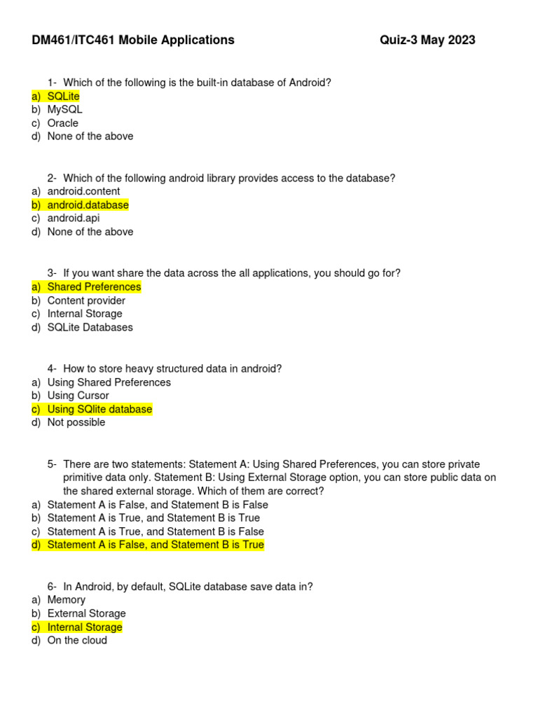 Mobile Applications Quiz 3 - Model Answer | PDF | Databases | Android (Operating System)