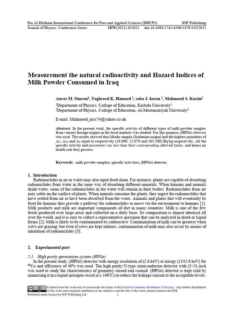 Measurement the natural radioactivity and Hazard Indices of Milk Powder ...
