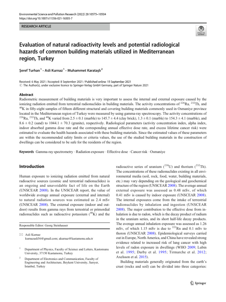 Evaluation of Natural Radioactivity Levels and Potential Radiological ...