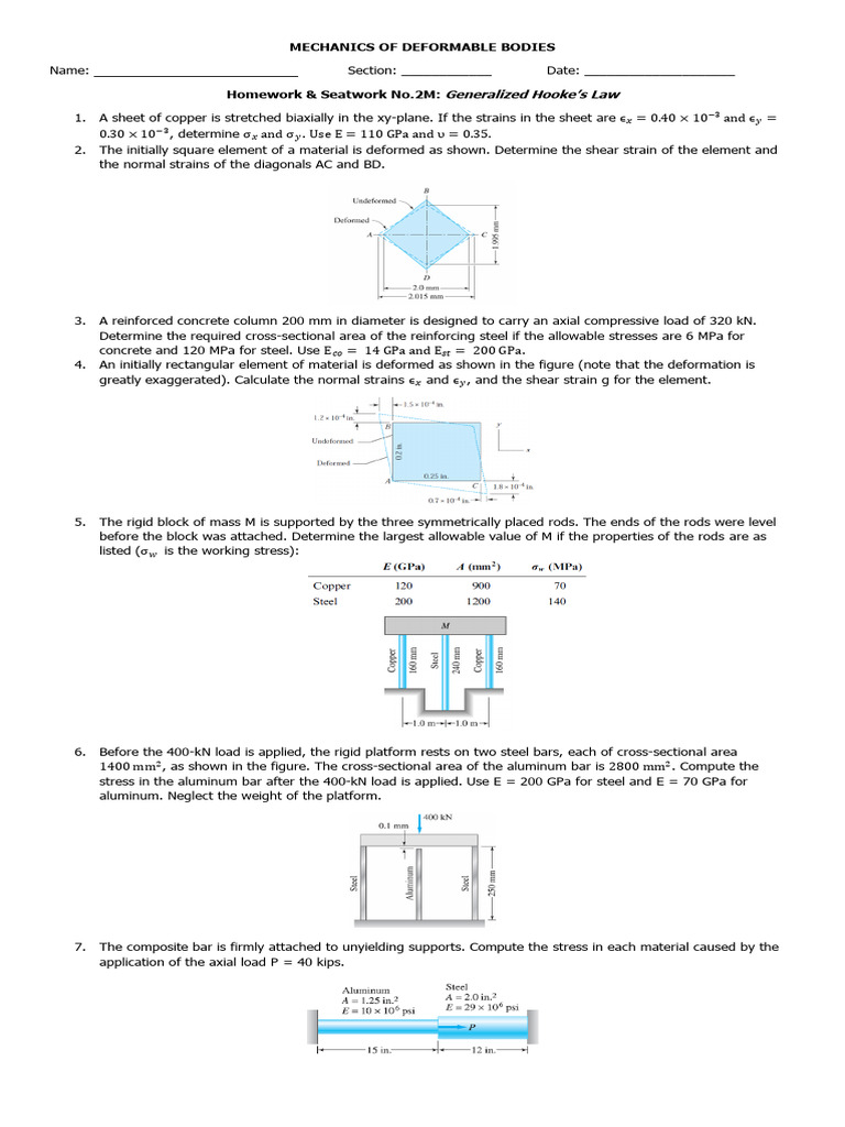 Seatwork No.2M Generalized Hookes Law | PDF | Stress (Mechanics) | Deformation (Engineering)