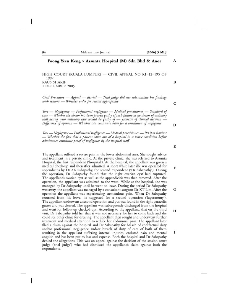 Foong Yeen Keng V Assunta Hospital (M) SDN BHD & Anor | PDF ...