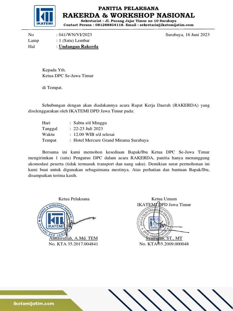Undangan Rakerda IKATEMI Jatim 2023 | PDF