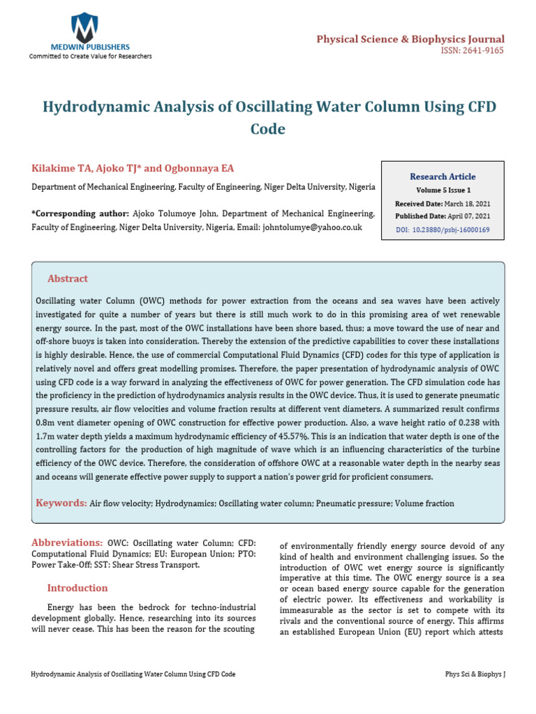 2021 Hydrodynamic Analysis Of Oscillating Water Column Using Cfd Pdf Computational Fluid