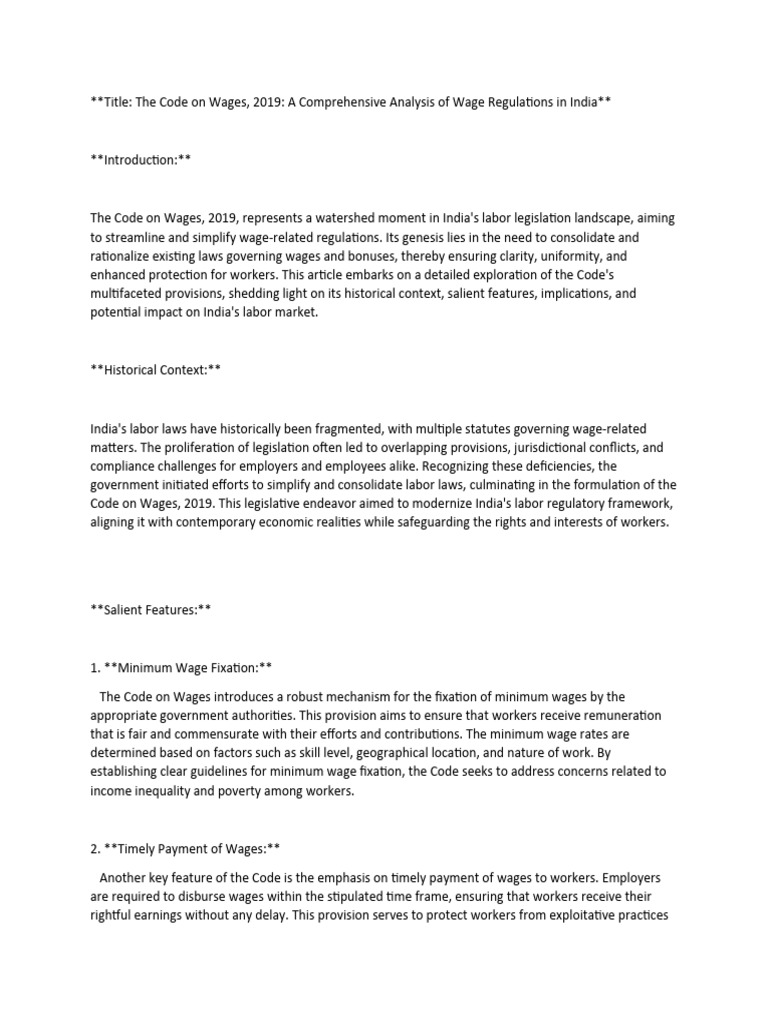 Wage Code 2019: Key Features & Impact | PDF | Employment | Wage