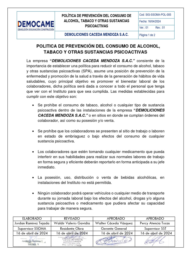 SIG-SSOMA-POL-005 Política de Prevención del Consumo de Alcohol, Tabaco y otras Sustancias ...