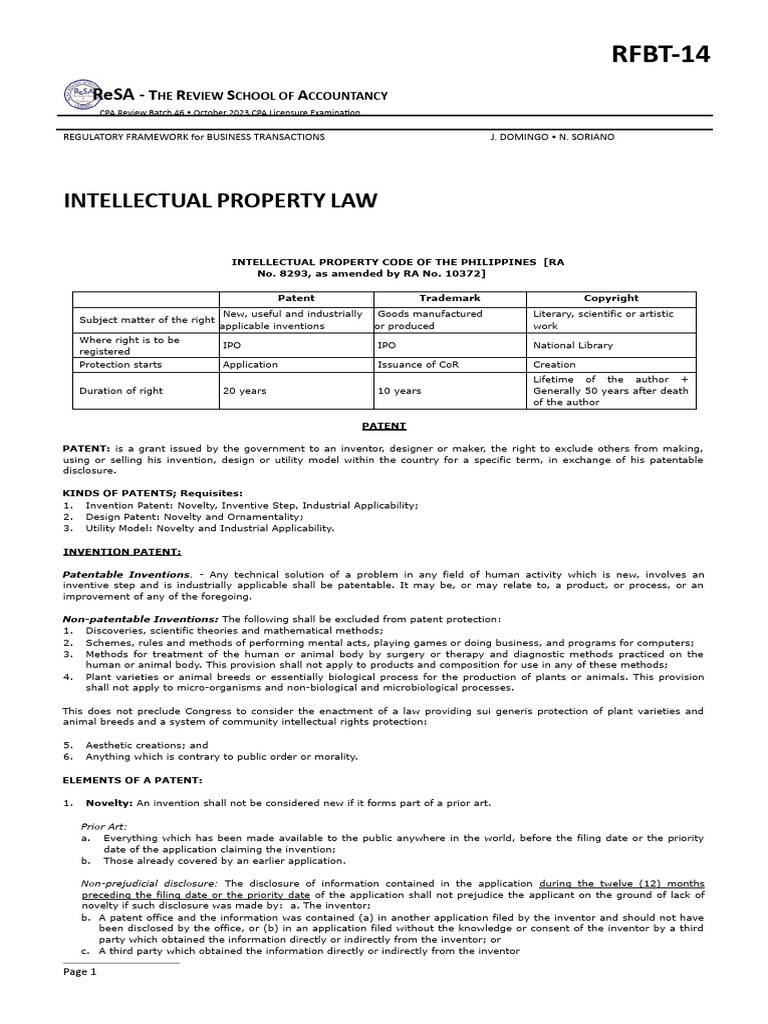 RFBT-14: Intellectual Property LAW | Download Free PDF | Patent Application | Glossary Of Patent ...