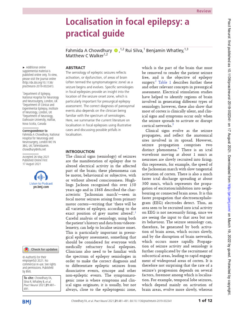 2021-Localisation in Focal Epilepsy-A Practical Guide | PDF | Epilepsy | Insular Cortex