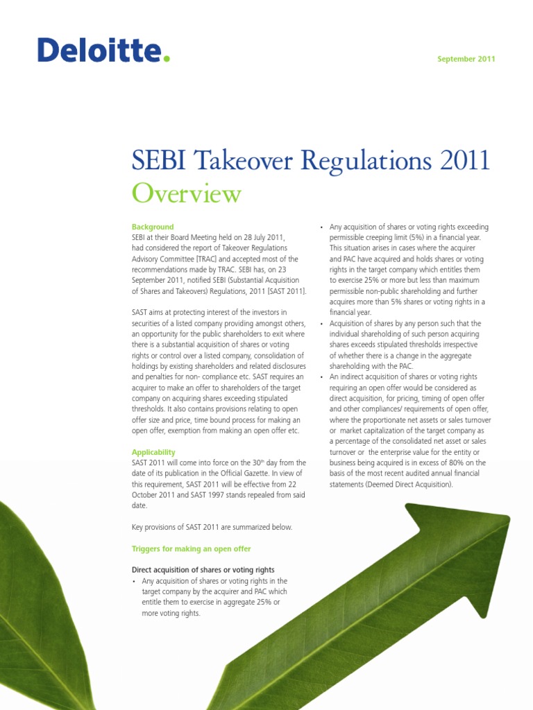 SEBI Takeover Regulation 2011 | PDF | Mergers And Acquisitions | Takeover