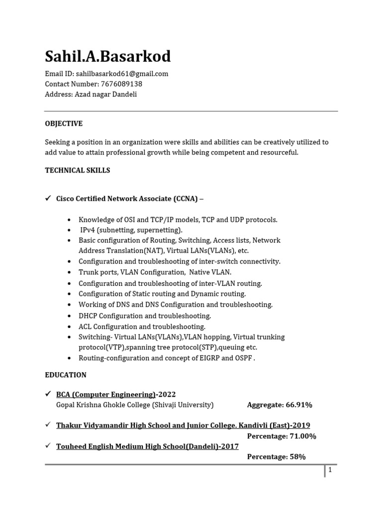 Sahil Basarkod Resume1 | PDF | Computer Network | Internet Protocol Suite