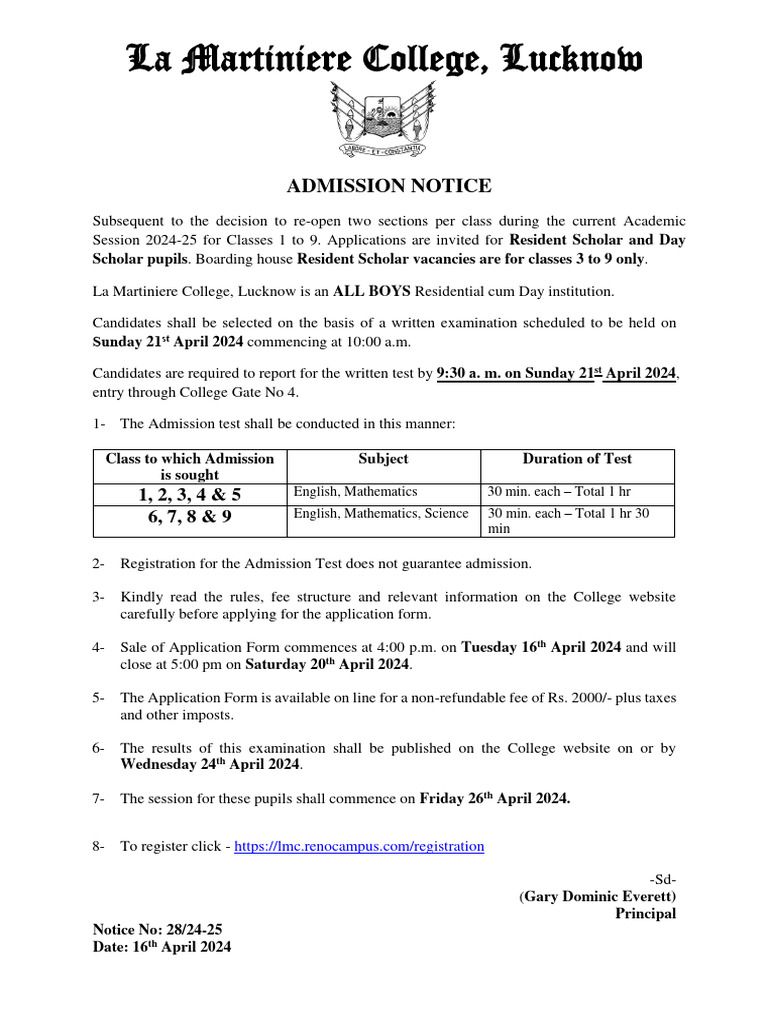 Admission - Notice - Class 1 To 9 Dayscholar and Resident Scholar | PDF