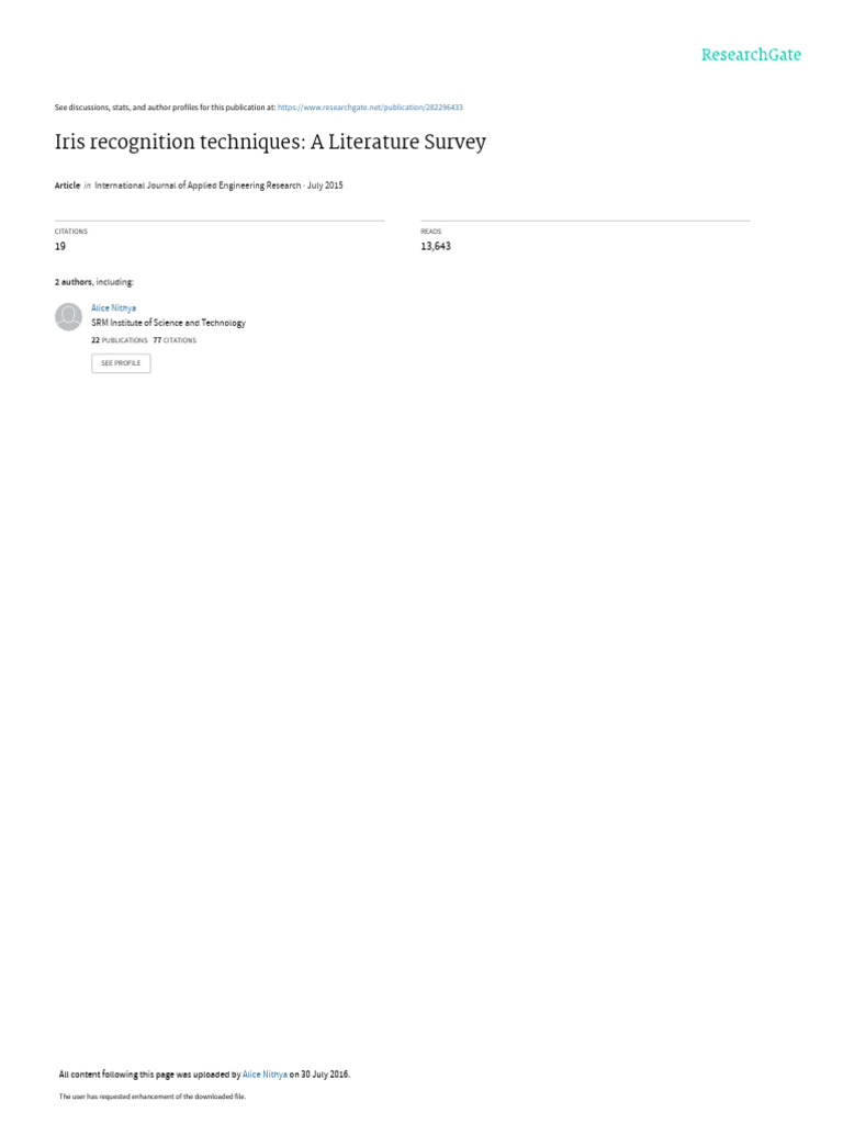 IrisRecognitionTechniques AliteratureSurvey Ijaer | PDF | Biometrics | Image Segmentation