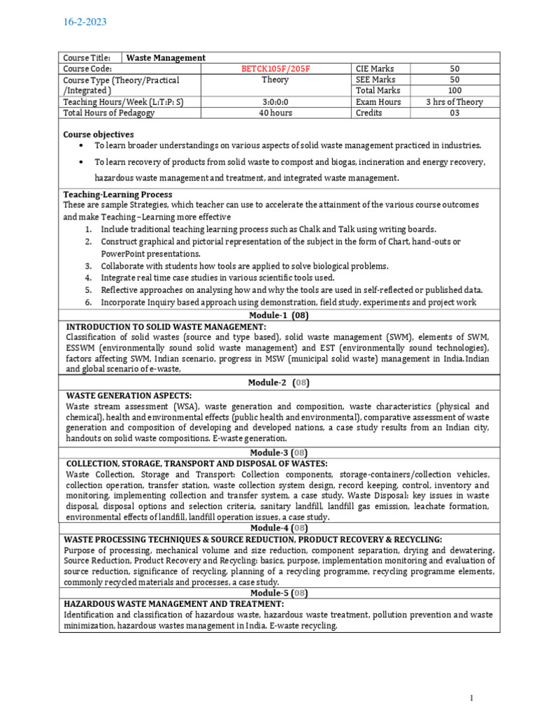 Waste Management Course Overview | PDF | Waste Management | Waste