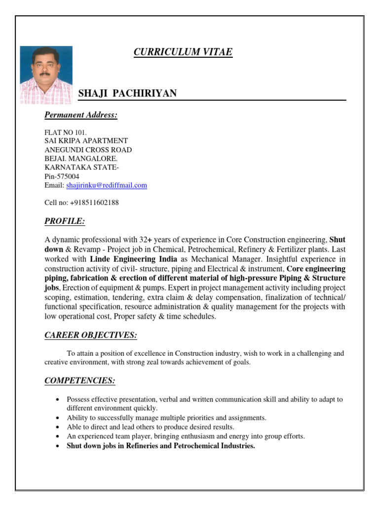 Shaji Pachiriyan's Construction CV | PDF | Boiler | Engineering