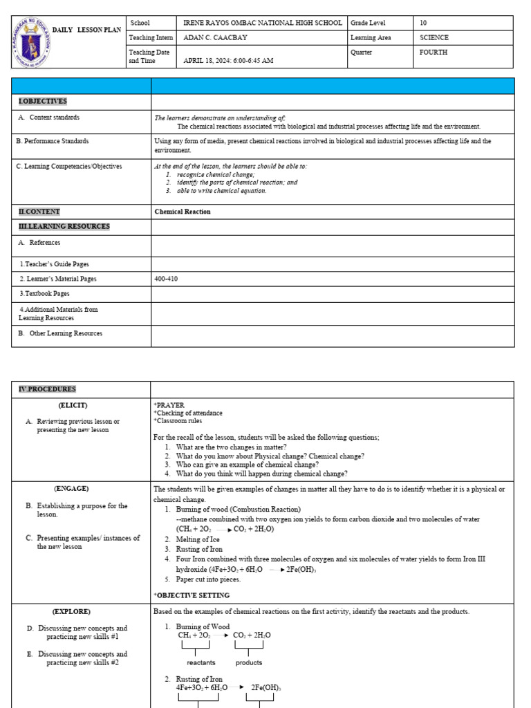 Grade 10 Science Lesson Plan: Chemical Reactions | PDF | Chemistry ...