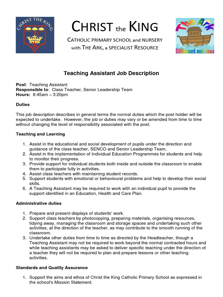 Teaching Assistant - Job Description | PDF | Teachers | Schools