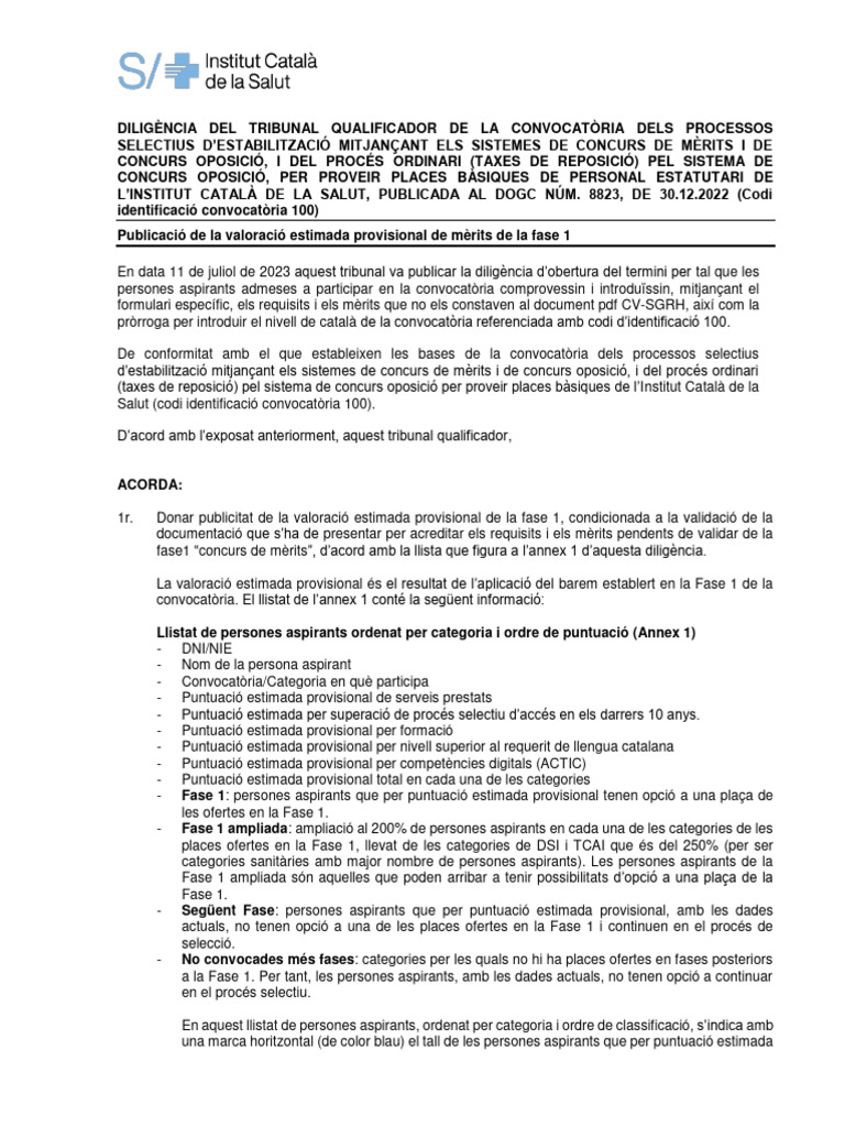 Dilig - Puntuació Provisionals FASE 1 Termini - CODI 100 - JUNY 2023 V3 ...
