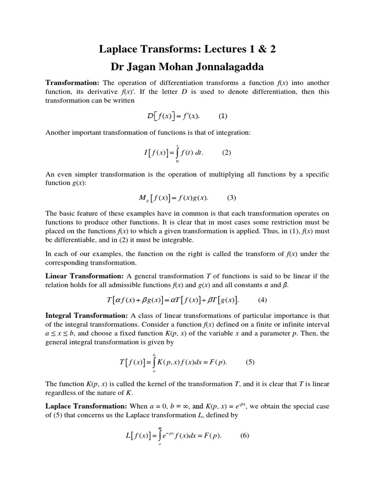 Laplace Transforms Lectures 1 2 | PDF | Derivative | Integral