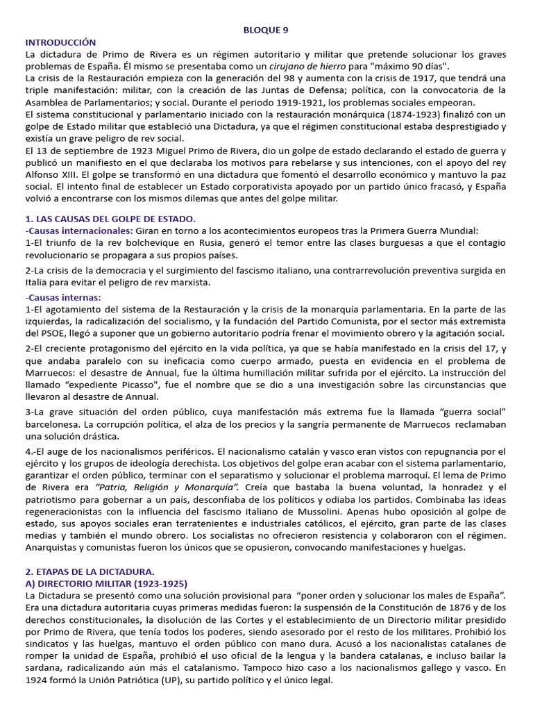 Bloque 9. Dictadura de Primo de Rivera | PDF | España | Ideologías