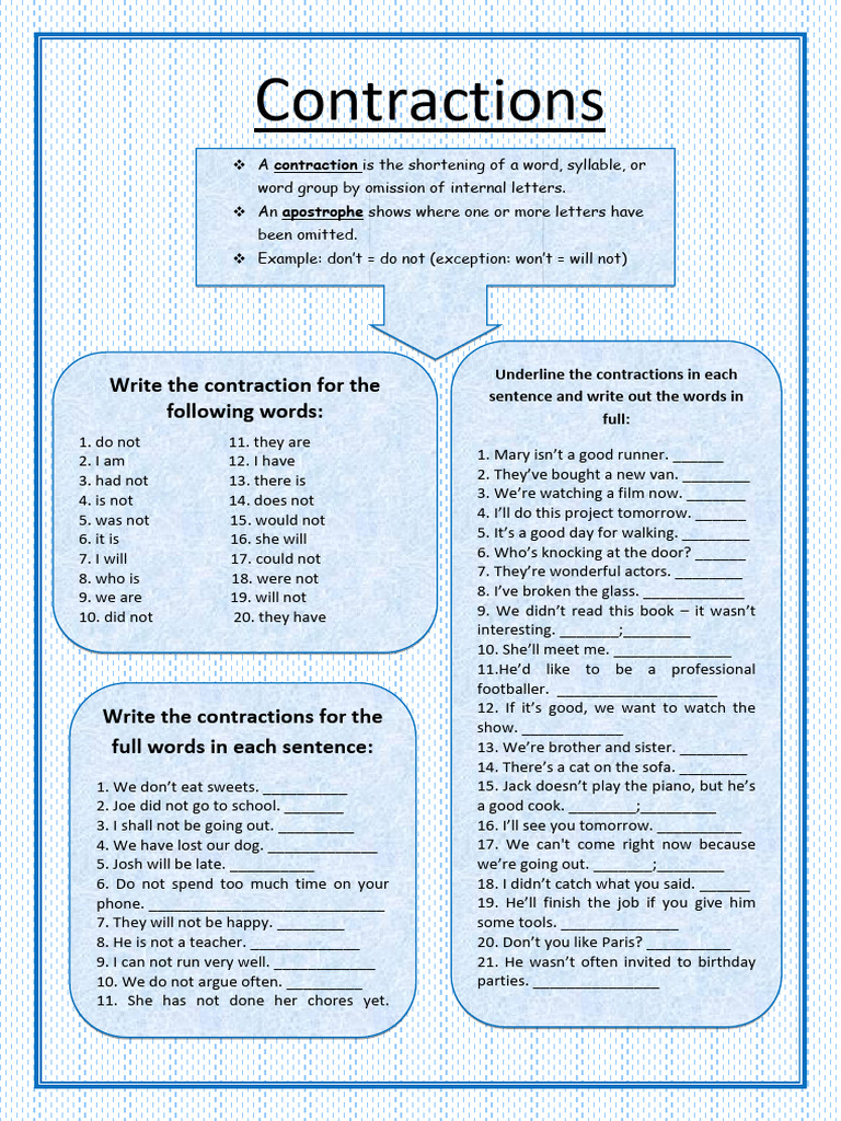 Contractions Worksheet | PDF | Linguistics | Language Mechanics