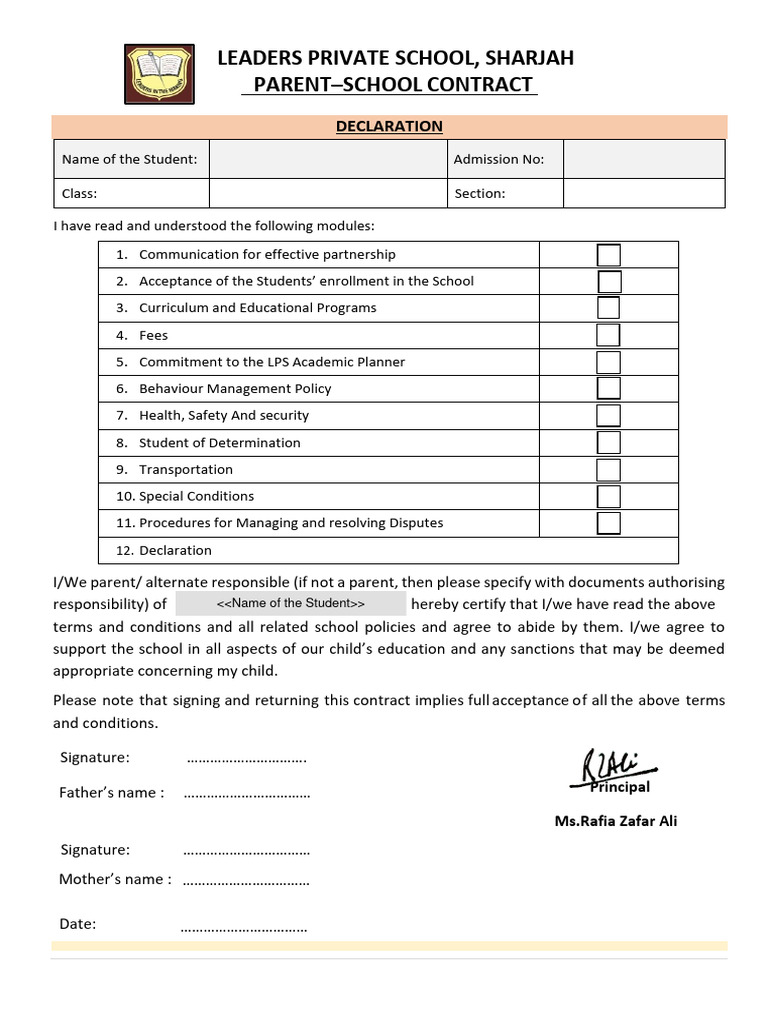 School Parent Contract Declaration Page 2 | PDF | Wellness