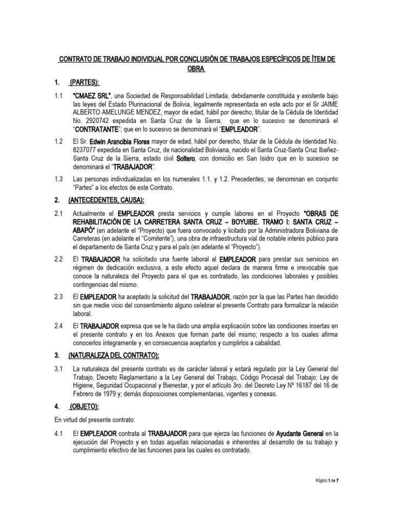 CONTRATO CEMAEZ - Edwin Arancibia | PDF | Derecho laboral | Salario