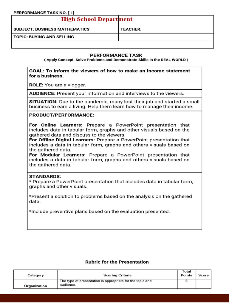 HS Performance Task template Business Mathematics | PDF | Information | Cognition