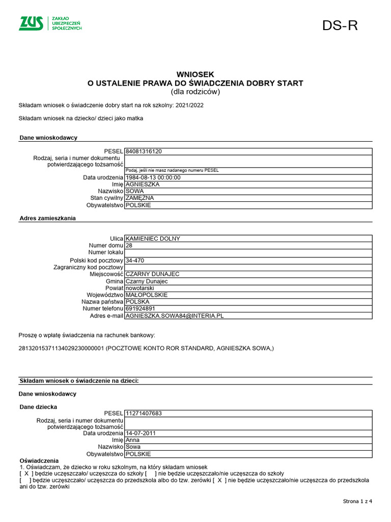 Wniosek o Świadczenie Dobry Start | PDF