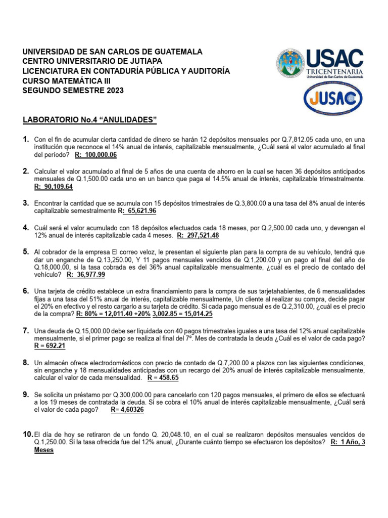 Laboratorio No. 4 Anualidades 2023 | PDF | Interés | Bancos