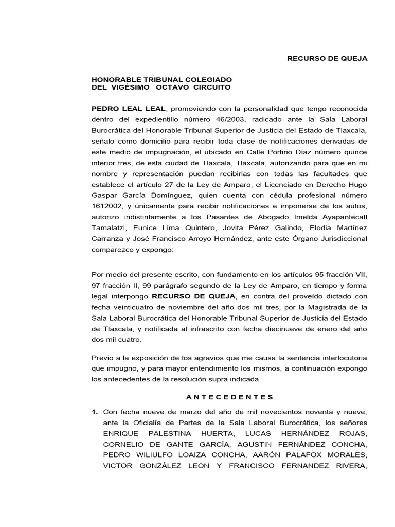 Recurso de Queja VS Desechamiento de Incidente de Nulidad Por El 129 Ley de Amparo | PDF | Caso ...