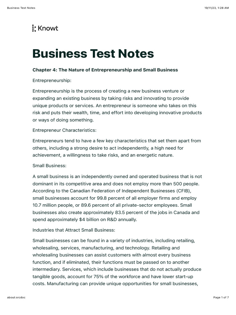 Business Test Notes | PDF | Marketing | Leadership