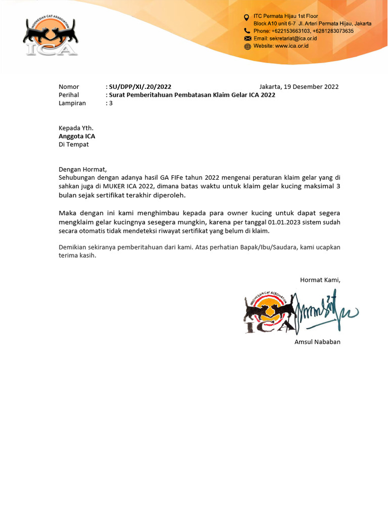 Surat Pemberitahuan Pembatasan Klaim Gelar ICA 2022 | PDF