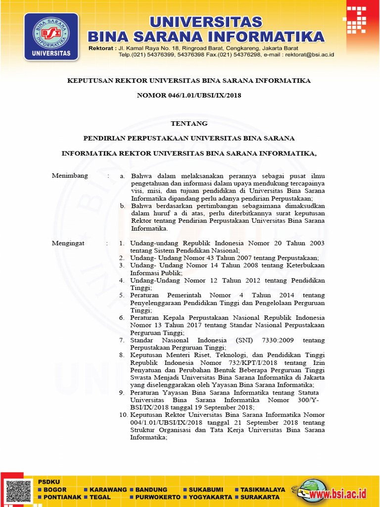 Surat Keputusan Rektor Tentang Pendirian Perpustakaan Universitas Bina Sarana Informatika | PDF