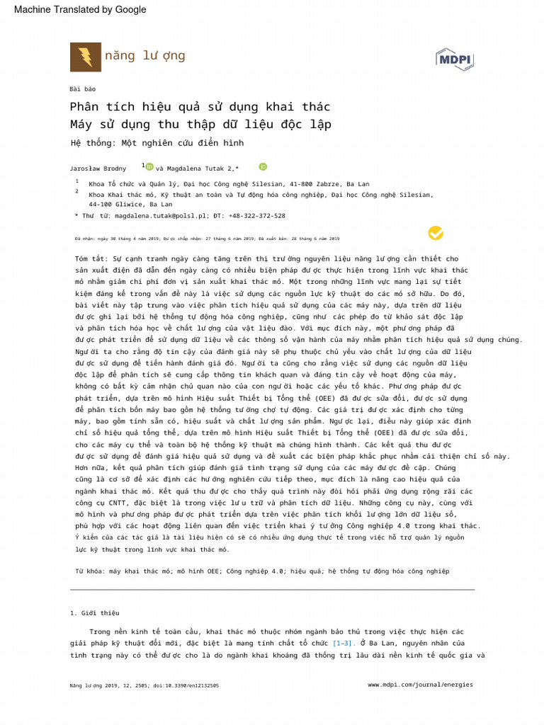 (Bản Dịch) Analysing the Utilisation Effectiveness of Mining Machines Using Independent Data ...