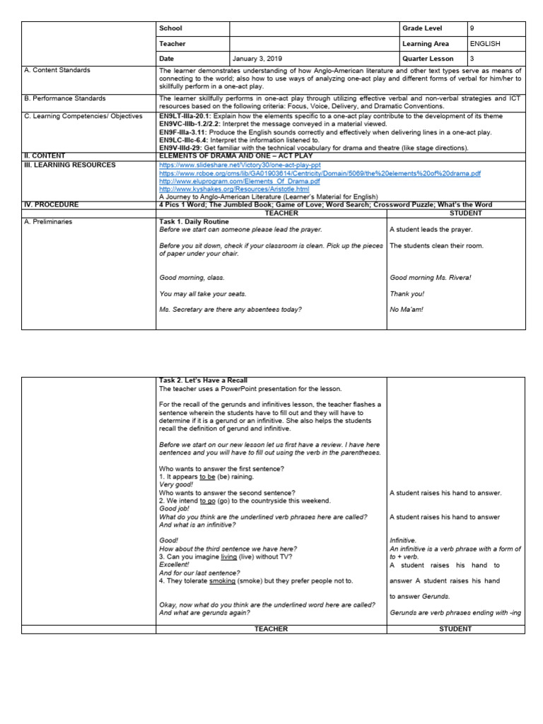 Lesson Plan Elements of Drama | PDF | Play (Theatre) | Theatre