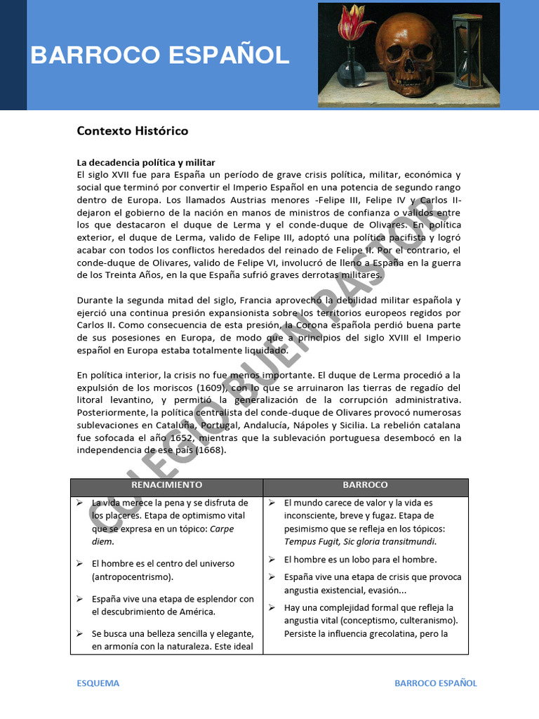 12 - ESQUEMA - BARROCO ESPAÑOL (Corrección Sept20) | Descargar gratis PDF | Imperio español ...