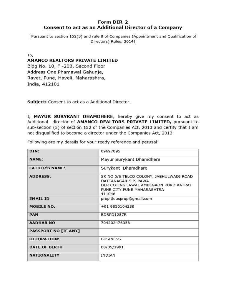 Form DIR-2 - Consent Letter | PDF | Common Law | Justice