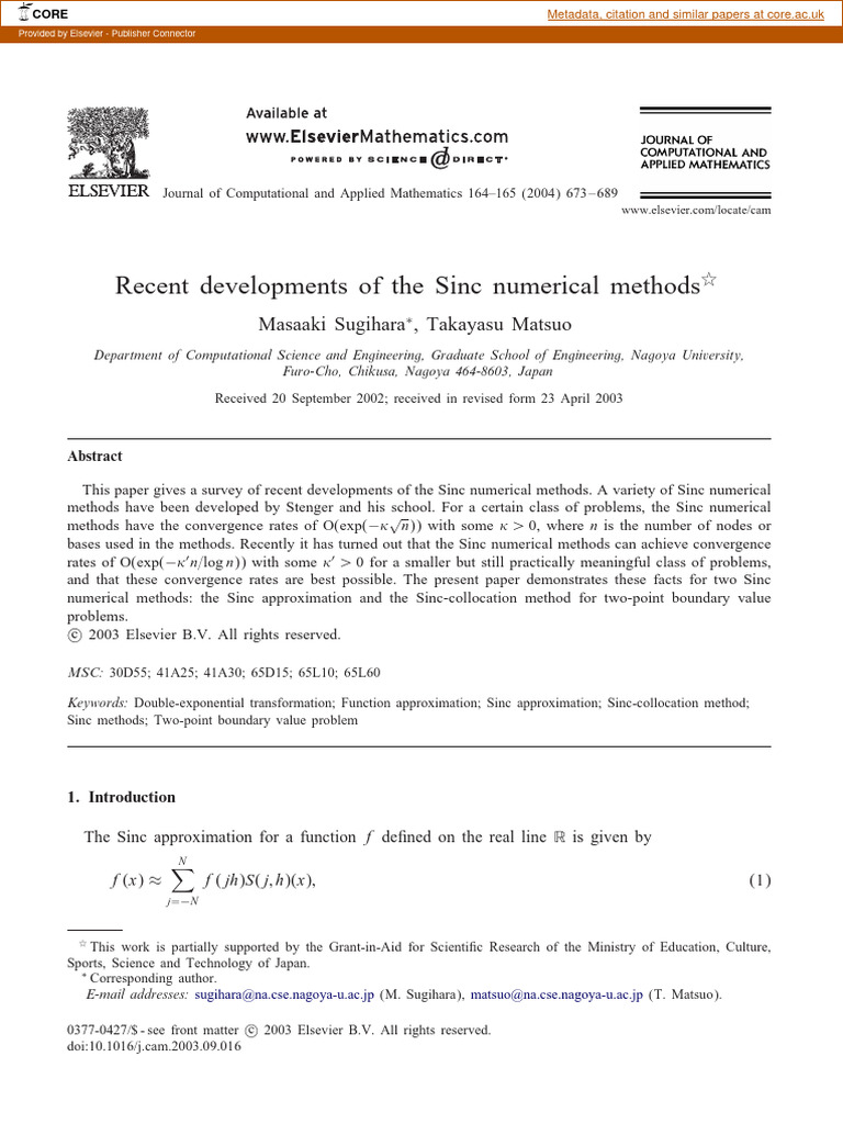 Recent Developments of The Sinc Numerical Methods: Masaaki Sugihara, Takayasu Matsuo | PDF ...