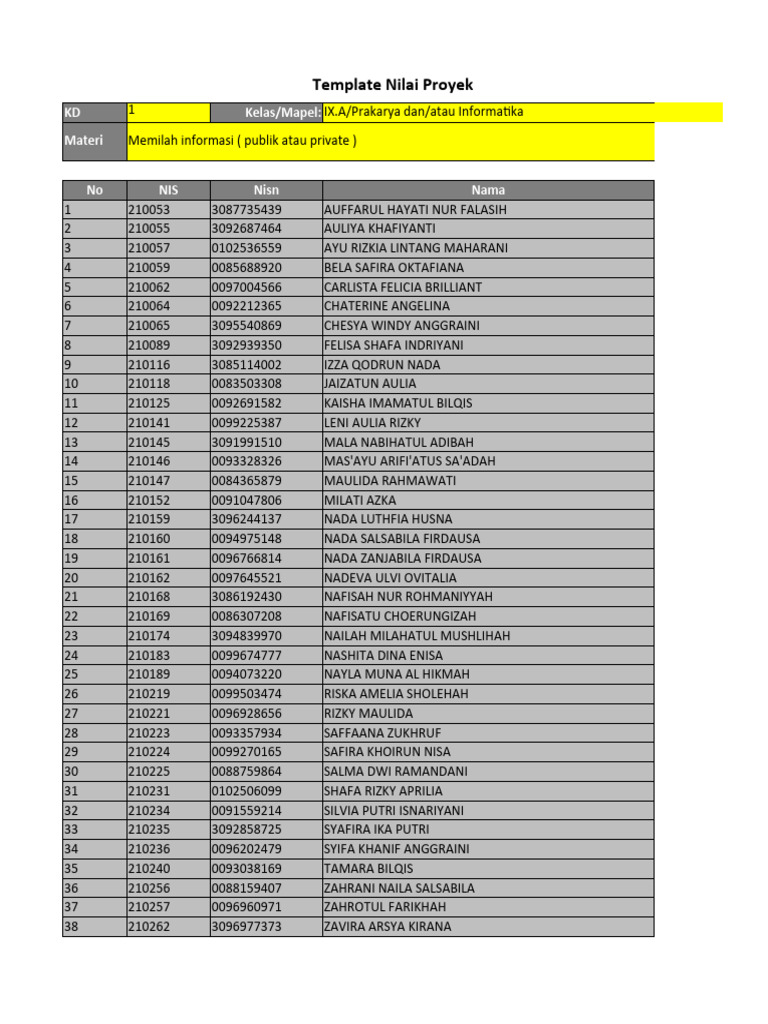 Template Nilai Proyek-IX.A-Prakarya Dan - Atau Informatika | PDF